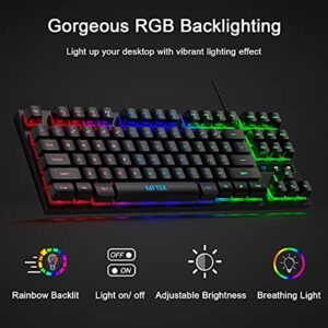 MFTEK RGB Rainbow Gaming Keyboard and Mouse Combo, Compact 87 Keys Backlit Computer Keyboard with Gaming Mouse, USB Wired Set for PC Gamer Laptop Work