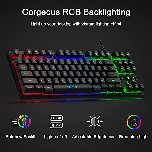 MFTEK RGB Rainbow Gaming Keyboard and Mouse Combo, Compact 87 Keys Backlit Computer Keyboard with Gaming Mouse, USB Wired Set for PC Gamer Laptop Work