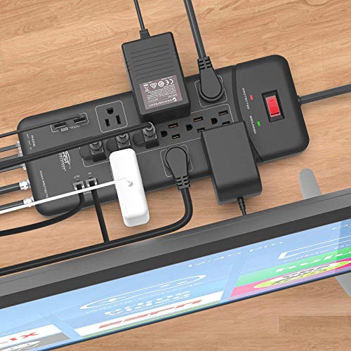 CRST 12-Outlet Surge Protector Power Strip 4050Joules, with USB(3.1A) Ethernet, Cable,Telephone and TV Coaxial Protection, Flat Plug 9-FT Long Cord (Black)