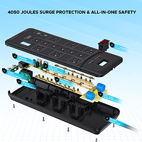 CRST 12-Outlet Surge Protector Power Strip 4050Joules, with USB(3.1A) Ethernet, Cable,Telephone and TV Coaxial Protection, Flat Plug 9-FT Long Cord (Black)