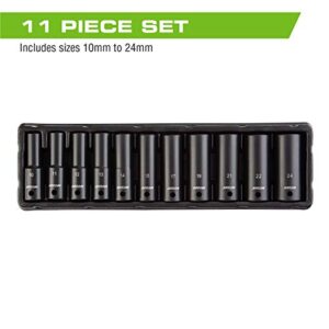 ARCAN PROFESSIONAL TOOLS 1/2 Inch Drive Deep Impact Socket Set, Metric, 10mm - 24mm, Cr-V, 11-Piece (AS21211MD)