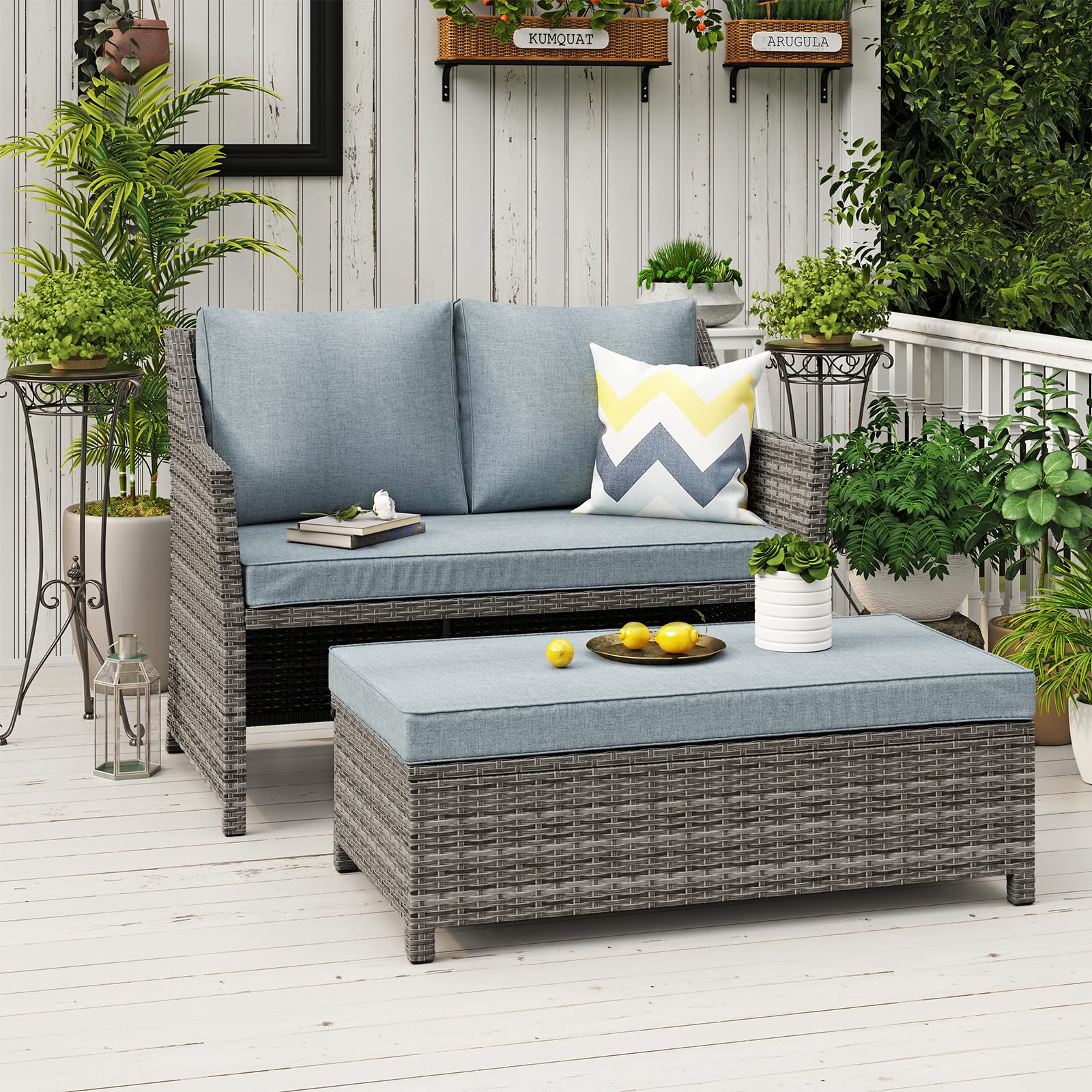 OC Orange-Casual 2-Piece Outdoor Patio Furniture Wicker Love-seat and Coffee Table Set, with Built-in Storage Bin, Grey Rattan, Grey Cushions