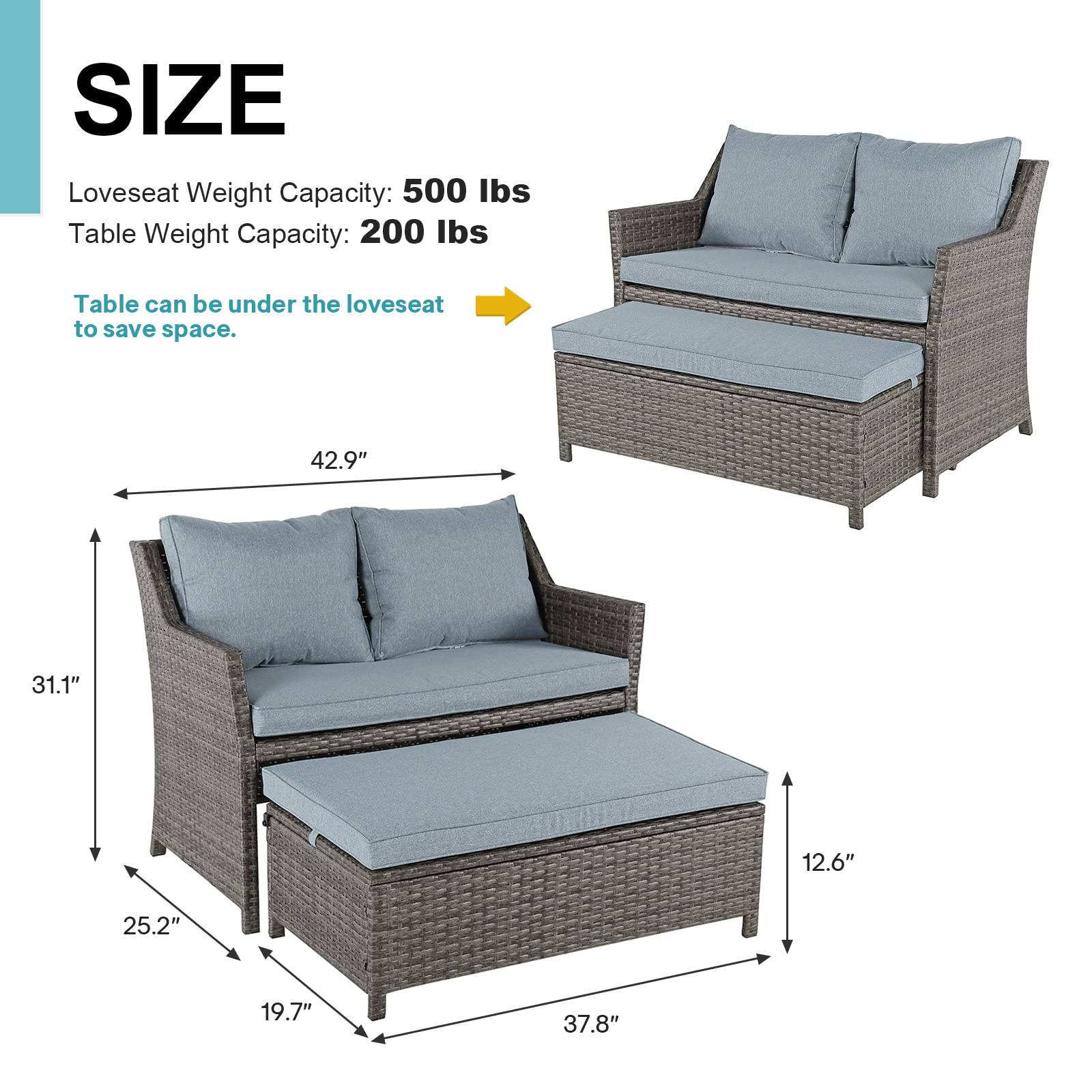 OC Orange-Casual 2-Piece Outdoor Patio Furniture Wicker Love-seat and Coffee Table Set, with Built-in Storage Bin, Grey Rattan, Grey Cushions