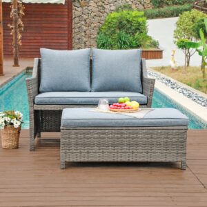 OC Orange-Casual 2-Piece Outdoor Patio Furniture Wicker Love-seat and Coffee Table Set, with Built-in Storage Bin, Grey Rattan, Grey Cushions