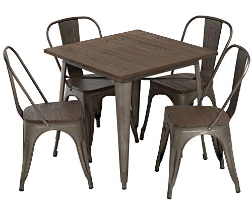 FDW 5-Piece Patio Table Set Outdoor Table and Chairs Set Metal Table Set Home Kitchen Dining Table Set Wood Top Table 31x31 Inches Bar Coffee Table Set Restaurant Indoor Outdoor Square Table 4 Chairs