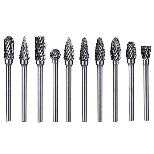 ASNOMY Double Cut Carbide Rotary Burr Set - 10 Pcs 1/8" Shank, 1/4" Head Length Tungsten Steel for Die Grinder Drill, Metal Carving,Polishing,Engraving,Drilling