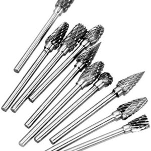 ASNOMY Double Cut Carbide Rotary Burr Set - 10 Pcs 1/8" Shank, 1/4" Head Length Tungsten Steel for Die Grinder Drill, Metal Carving,Polishing,Engraving,Drilling