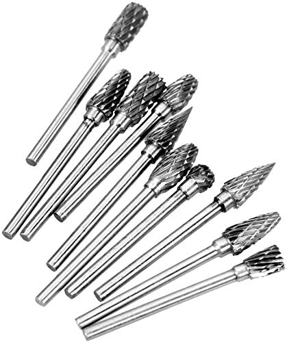 ASNOMY Double Cut Carbide Rotary Burr Set - 10 Pcs 1/8" Shank, 1/4" Head Length Tungsten Steel for Die Grinder Drill, Metal Carving,Polishing,Engraving,Drilling