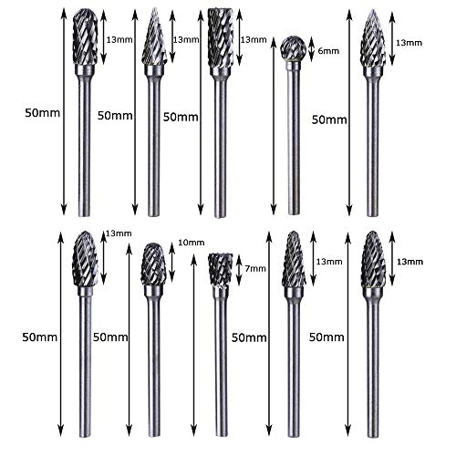 ASNOMY Double Cut Carbide Rotary Burr Set - 10 Pcs 1/8" Shank, 1/4" Head Length Tungsten Steel for Die Grinder Drill, Metal Carving,Polishing,Engraving,Drilling