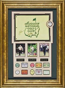 masters badge collection. augusta national golf club flag signed by arnold palmer, jack nicklaus, and gary player. center 34×46 left 46×46 right 46×46 - autographed golf equipment