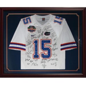 2008 florida gators national champions team and urban meyer autographed (white #15 nike) deluxe framed jersey – 35 signatures, tim tebow - autographed college jerseys