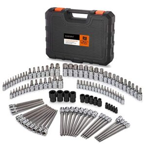 rimkolo 107-piece allen and torx bit socket set, 1/4", 3/8" and 1/2" drive hex/ball end hex/torx/extra long torx/tamper proof torx sae & metric bit set