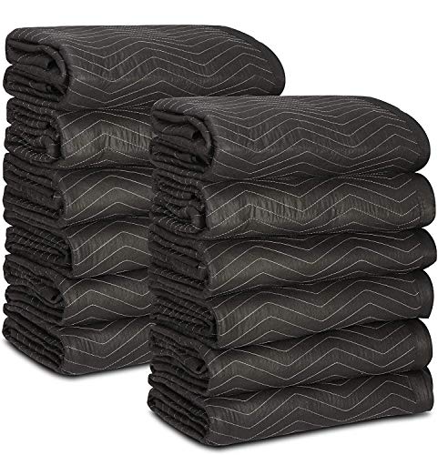 12 Moving Packing Blankets - 80 x 72 Inches (65 lb/Dozen) Heavy Duty Moving Pads for Protecting Furniture Professional Quilted Shipping Furniture Pads Black