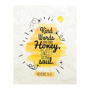 kind words are like honey - christian wall decor, bible verse inspirational wall art print, proverbs scripture wall print for living room decor, office decor, church, or desk decor, unframed - 8x10