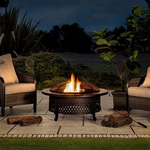 Sunjoy 40 in. Fire Pit for Outside, Patio Outdoor Round Wood Burning Firepit Table with Mesh Spark Screen and Fire Poker