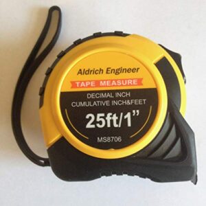 decimal inch tape measure, 25 foot, black marks even hundredths of an inch, black numbers for tenths of an inch and inches, red for feet and inches, magnetic three rivet hook, tape lock, belt clip.