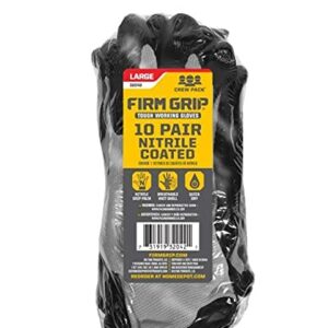 Firm Grip Nitrile Coated Tough Working Gloves: Black, Large Size (10 Pairs)