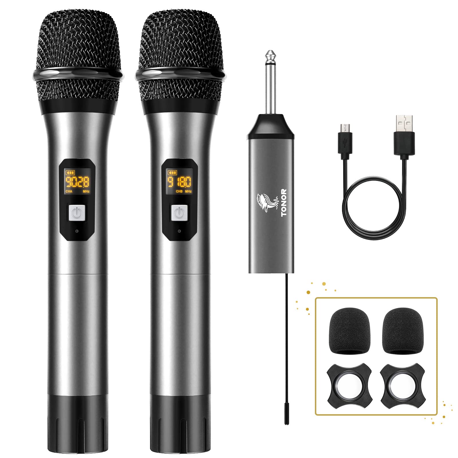 TONOR Wireless Microphone, UHF Dual Cordless Metal Dynamic Mic System with Rechargeable Receiver, for Karaoke Singing, Wedding, DJ, Party, Speech, Church, Class Use, 200ft (TW630), Gray