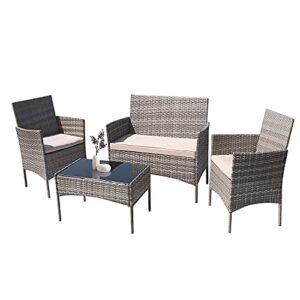 furniwell patio outdoor furniture set 4 pieces porch wicker chairs sets rattan balcony sofa conversation set for backyard lawn pool(grey and beige)