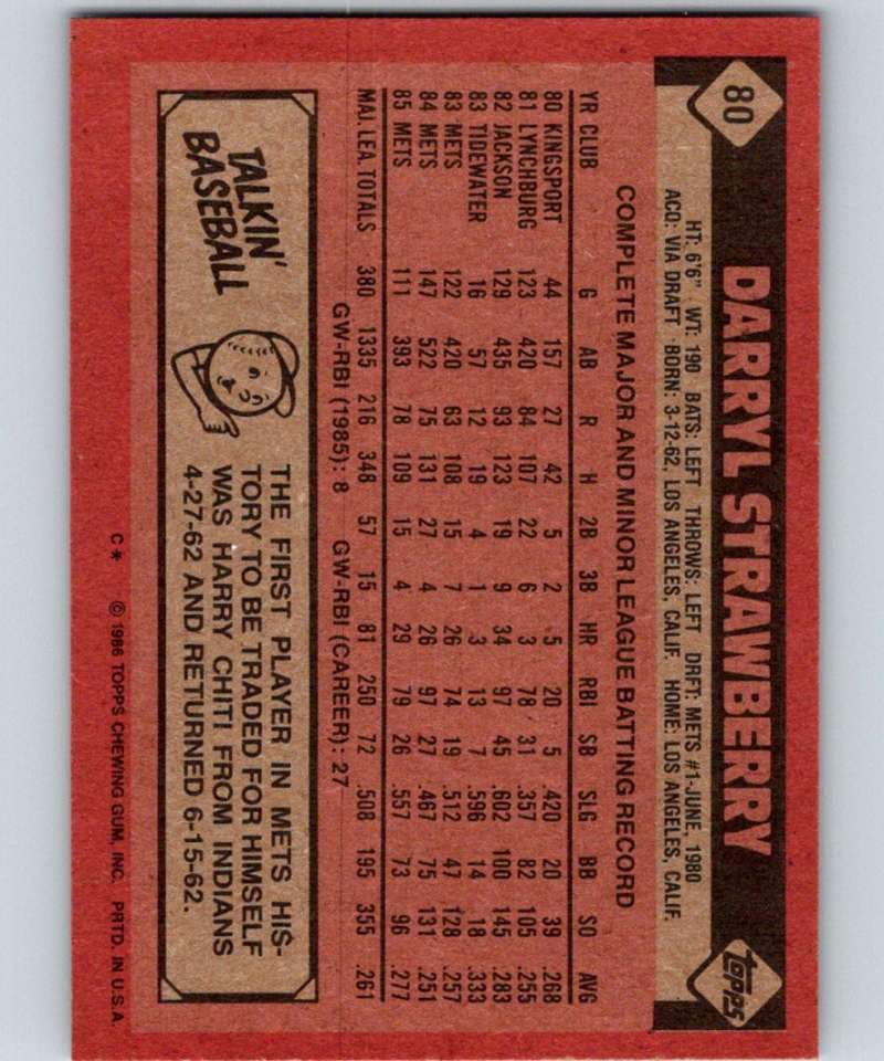 1986 Topps #80 Darryl Strawberry NM-MT New York Mets Baseball