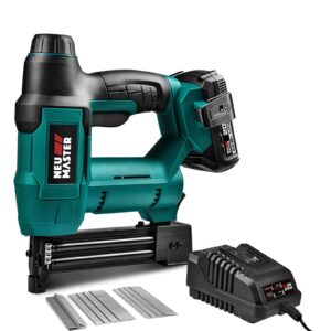 cordless nail gun battery powered, neu master battery brad nailer/staple gun ntc0023, 20v max. 2.0ah battery and charger included for upholstery, woodworking and carpentry