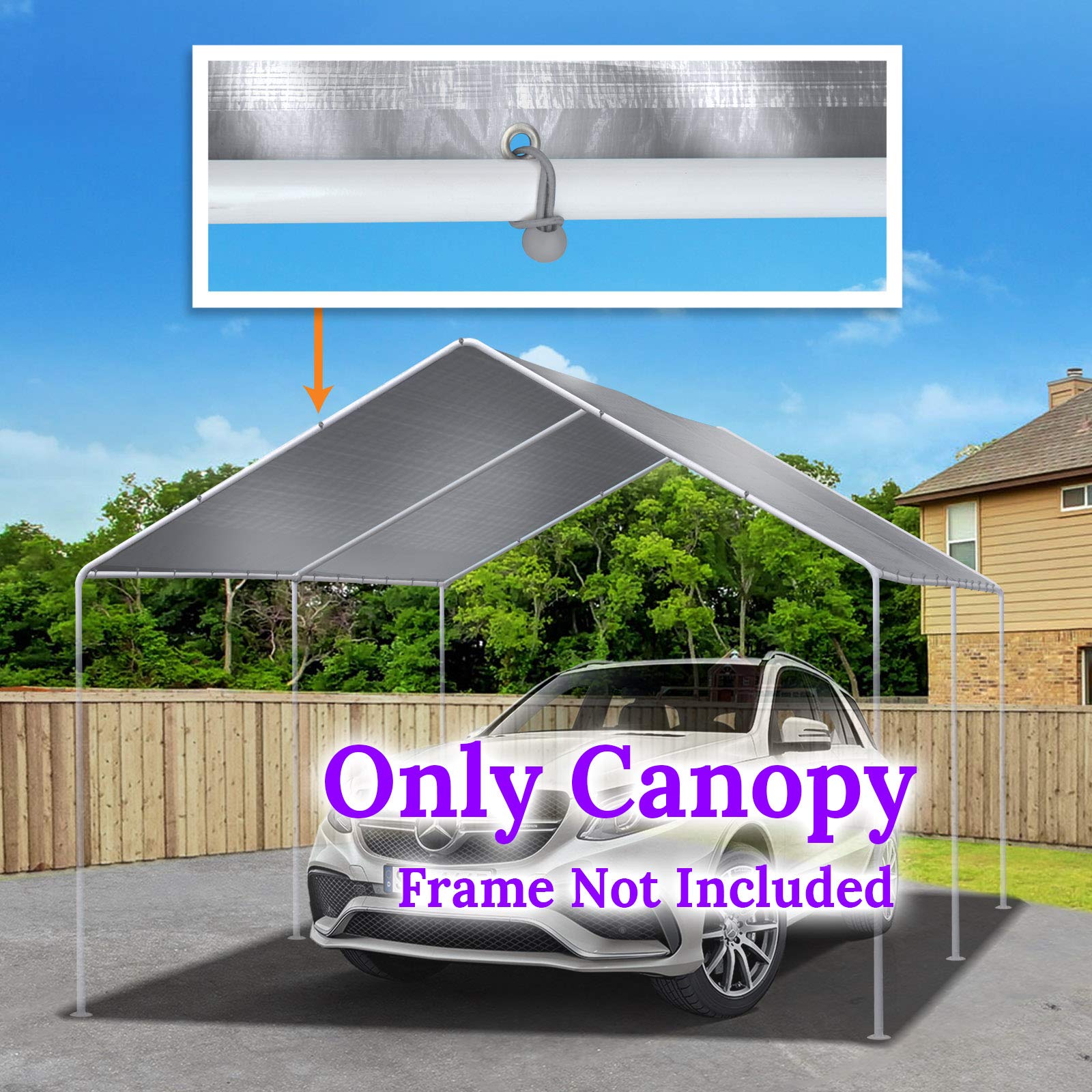 BenefitUSA 10'X20' Silver Replacement Carport Canopy Carport Top Cover for Garage Shelter, w/Ball Bungees, Cover ONLY