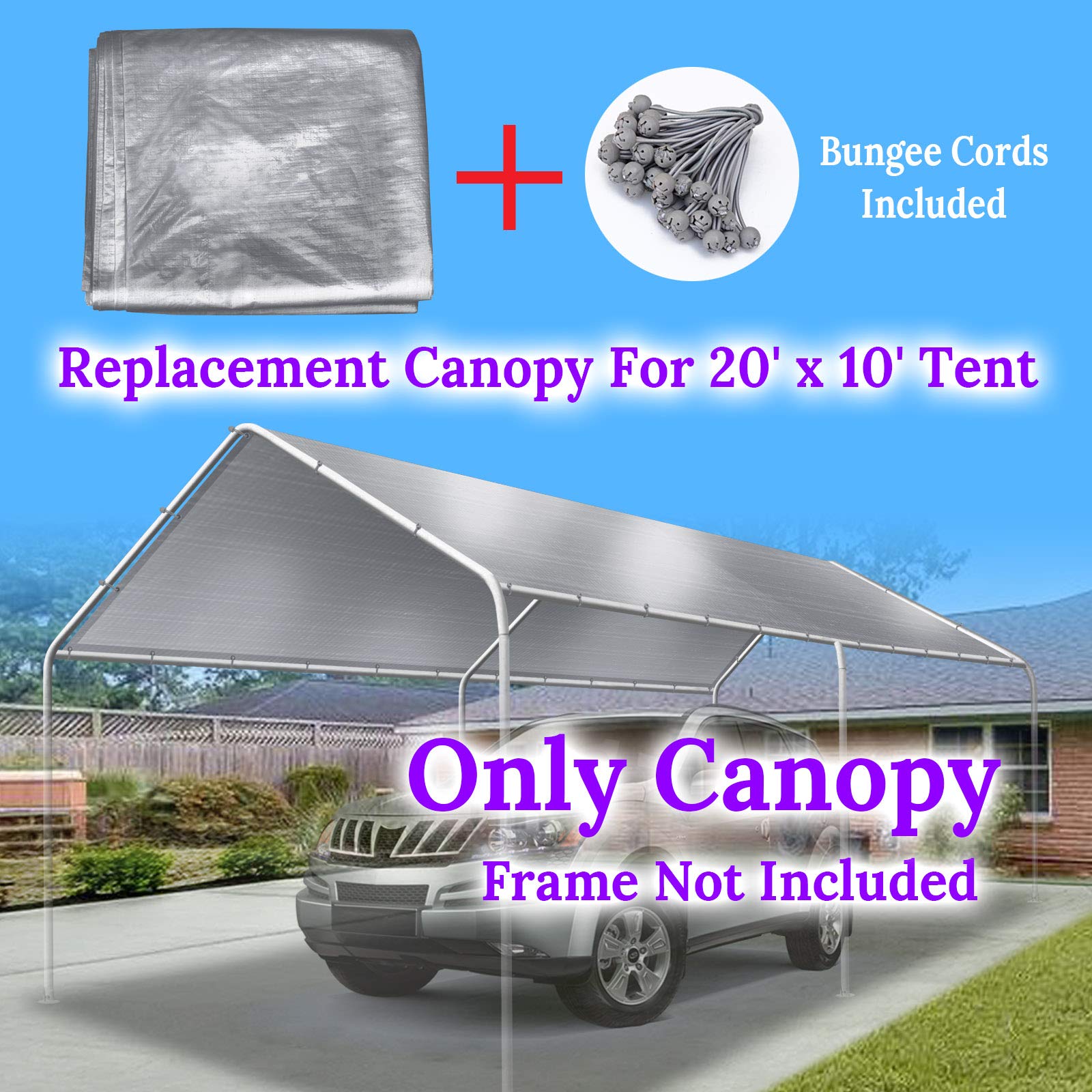 BenefitUSA 10'X20' Silver Replacement Carport Canopy Carport Top Cover for Garage Shelter, w/Ball Bungees, Cover ONLY