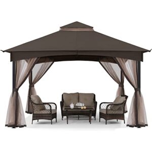 mastercanopy tool free patio gazebo screw free easy installation outdoor garden gazebo with netting walls (11x11,dark brown)