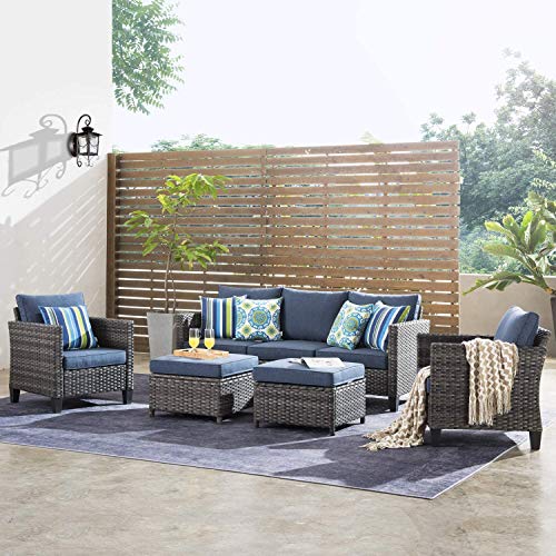 ovios 5 Piece Patio Furniture, Outdoor Furniture Sets, Modern Wicker Patio Furniture Sectional and 2 Pillows, All Weather Garden Patio Sofa, Backyard, Steel (Denim Blue)