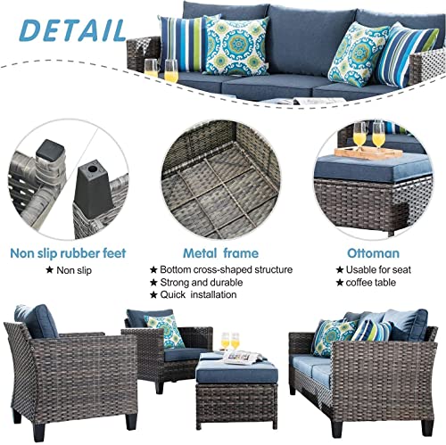 ovios 5 Piece Patio Furniture, Outdoor Furniture Sets, Modern Wicker Patio Furniture Sectional and 2 Pillows, All Weather Garden Patio Sofa, Backyard, Steel (Denim Blue)