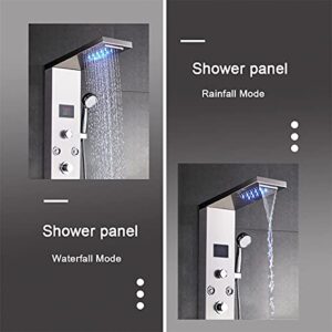 FUZ Contemporary Shower Panel Tower System Stainless Steel 6-Function Faucet LED Rainfall Waterfall Shower Head + Handheld Sprayer + Rain Massage Body Jets + Tub Spout,Brushed Nickel