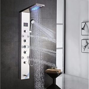 FUZ Contemporary Shower Panel Tower System Stainless Steel 6-Function Faucet LED Rainfall Waterfall Shower Head + Handheld Sprayer + Rain Massage Body Jets + Tub Spout,Brushed Nickel