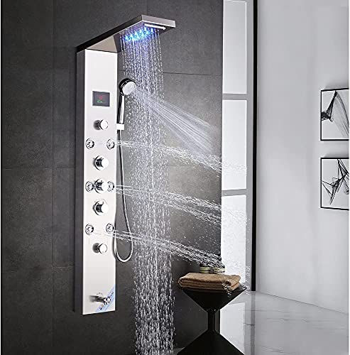 FUZ Contemporary Shower Panel Tower System Stainless Steel 6-Function Faucet LED Rainfall Waterfall Shower Head + Handheld Sprayer + Rain Massage Body Jets + Tub Spout,Brushed Nickel