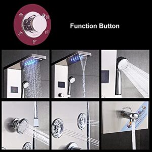 FUZ Contemporary Shower Panel Tower System Stainless Steel 6-Function Faucet LED Rainfall Waterfall Shower Head + Handheld Sprayer + Rain Massage Body Jets + Tub Spout,Brushed Nickel