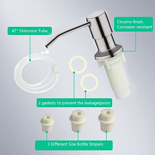 Soap Dispenser for Kitchen Sink, Built in Sink Soap Dispenser (Brushed Nickel), Countertop Soap Dispenser Pump with 47" Extension Tube kit, No Need to Fill Little Bottle Again (Longer Thread Shaft)