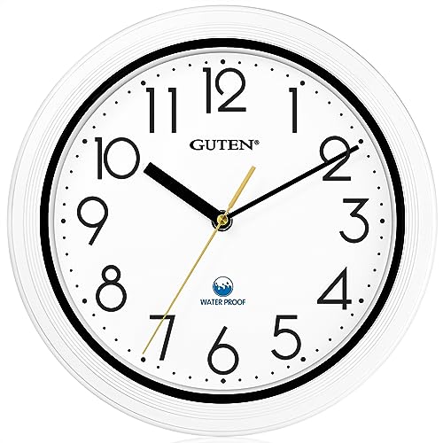 Caysie 11 Inch Indoor Outdoor Waterproof Wall Clock, Silent Non-Ticking Battery Operated Quality Quartz Round Clock for Patio, Pool, Home Decor (White)