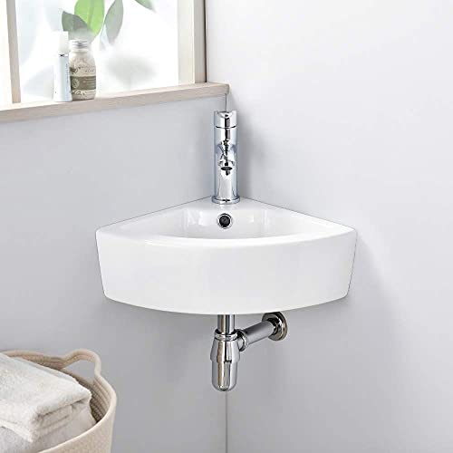 VASOYO Small Corner Bathroom Sink Wall Mount White Triangle Porcelain Ceramic Above Counter Mini Wall Vanity Vessel Sinks with Single Faucet Hole and Overflow