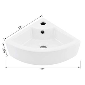 VASOYO Small Corner Bathroom Sink Wall Mount White Triangle Porcelain Ceramic Above Counter Mini Wall Vanity Vessel Sinks with Single Faucet Hole and Overflow