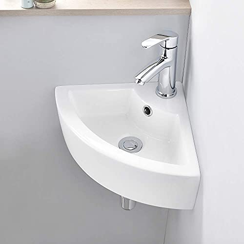 VASOYO Small Corner Bathroom Sink Wall Mount White Triangle Porcelain Ceramic Above Counter Mini Wall Vanity Vessel Sinks with Single Faucet Hole and Overflow