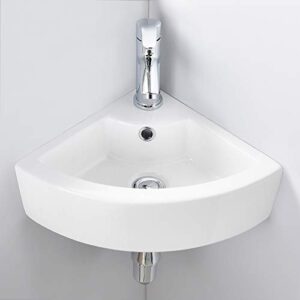 VASOYO Small Corner Bathroom Sink Wall Mount White Triangle Porcelain Ceramic Above Counter Mini Wall Vanity Vessel Sinks with Single Faucet Hole and Overflow