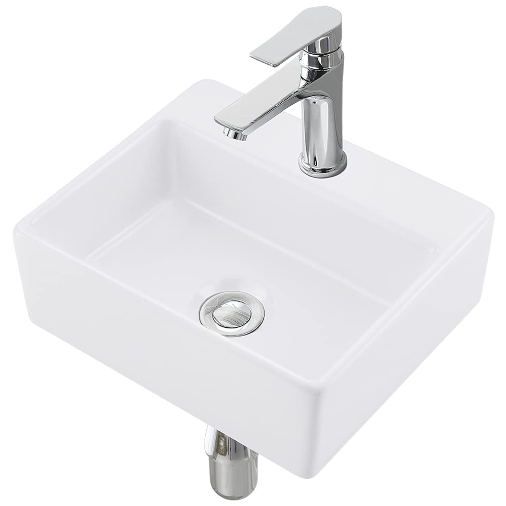 VASOYO Small Wall Mount Corner Bathroom Vessel Sink White Rectangle Porcelain Ceramic Above Counter Vessel Sink Single Faucet Hole Art Basin