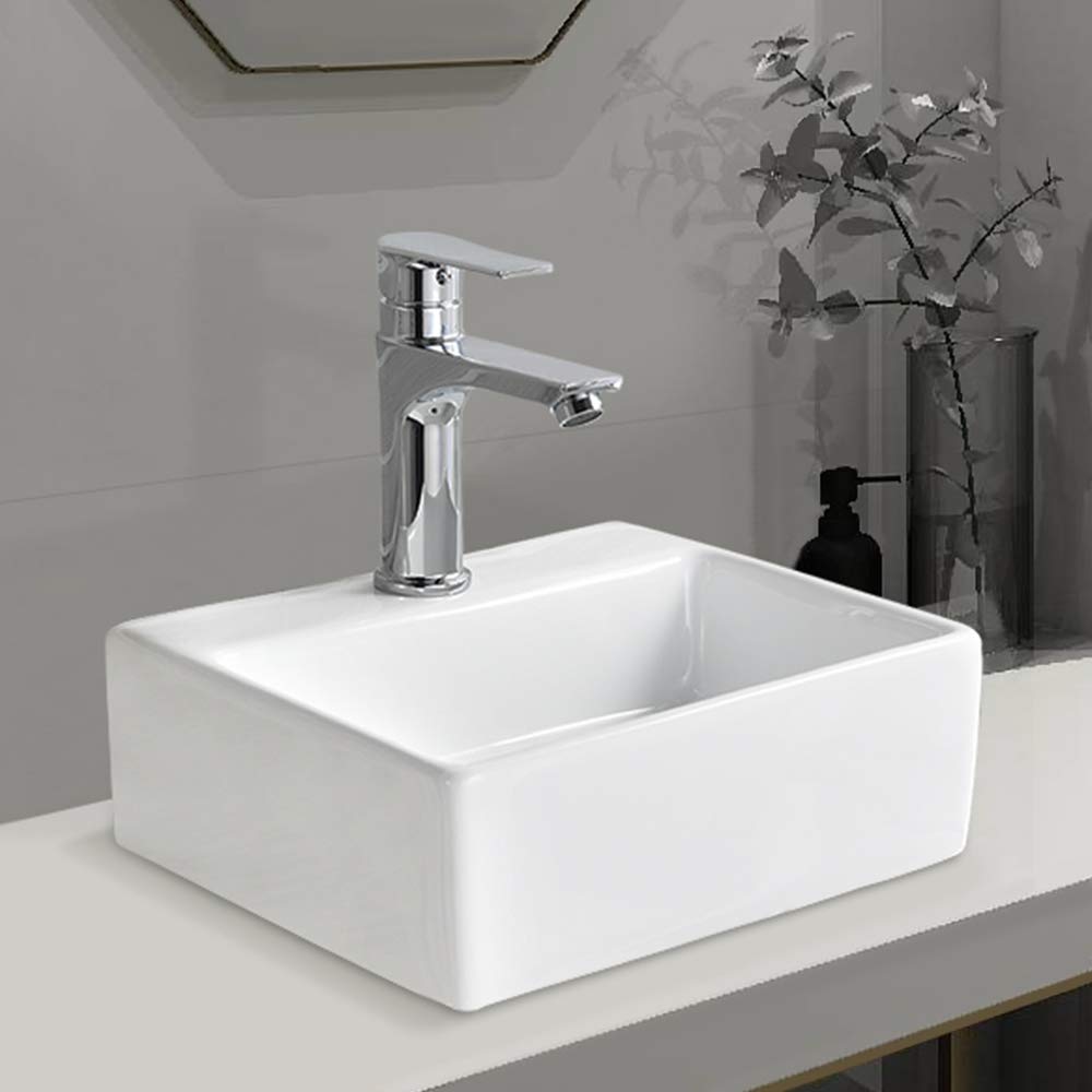 VASOYO Small Wall Mount Corner Bathroom Vessel Sink White Rectangle Porcelain Ceramic Above Counter Vessel Sink Single Faucet Hole Art Basin