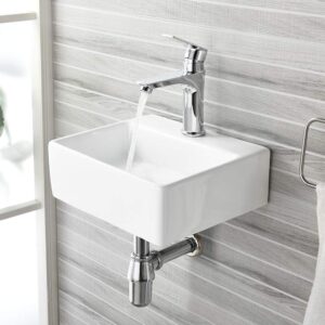 VASOYO Small Wall Mount Corner Bathroom Vessel Sink White Rectangle Porcelain Ceramic Above Counter Vessel Sink Single Faucet Hole Art Basin