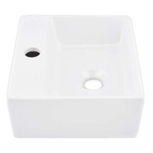 VASOYO Small Wall Mount Corner Bathroom Vessel Sink White Rectangle Porcelain Ceramic Above Counter Vessel Sink Single Faucet Hole Art Basin