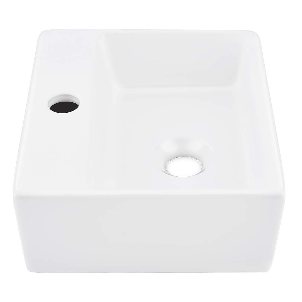 VASOYO Small Wall Mount Corner Bathroom Vessel Sink White Rectangle Porcelain Ceramic Above Counter Vessel Sink Single Faucet Hole Art Basin