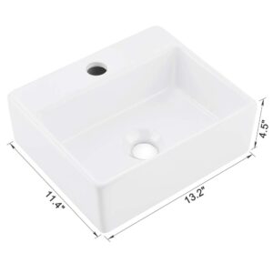 VASOYO Small Wall Mount Corner Bathroom Vessel Sink White Rectangle Porcelain Ceramic Above Counter Vessel Sink Single Faucet Hole Art Basin