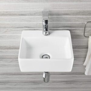 VASOYO Small Wall Mount Corner Bathroom Vessel Sink White Rectangle Porcelain Ceramic Above Counter Vessel Sink Single Faucet Hole Art Basin