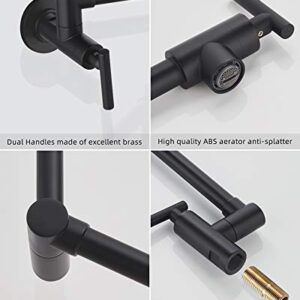 PHASAT Pot Filler Faucet,Black Pot Filler Wall Mount,Brass Kitchen Faucet Folding Stretchable with Double Joint Swing Arm,2 Handles with 2 Cartridges,Single Hole,Matte Black,PTZH01C