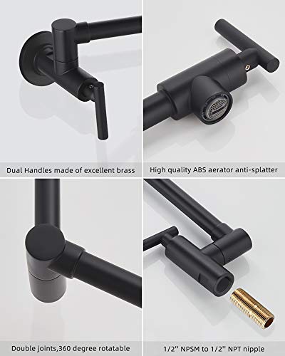 PHASAT Pot Filler Faucet,Black Pot Filler Wall Mount,Brass Kitchen Faucet Folding Stretchable with Double Joint Swing Arm,2 Handles with 2 Cartridges,Single Hole,Matte Black,PTZH01C