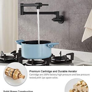 PHASAT Pot Filler Faucet,Black Pot Filler Wall Mount,Brass Kitchen Faucet Folding Stretchable with Double Joint Swing Arm,2 Handles with 2 Cartridges,Single Hole,Matte Black,PTZH01C